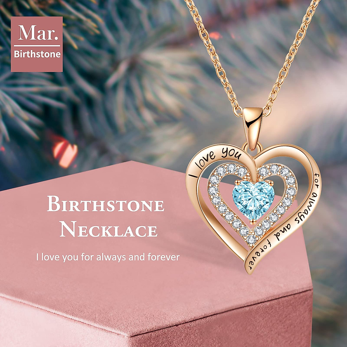 REDBEE 18K Rose Gold Plated 925 Sterling Silver Birthstone Heart Necklace for Women's Gifts from Husband Necklace Gift for Wife Aquamarine Birthstone Necklace for Her (Rose Gold-Mar-Aquamarine