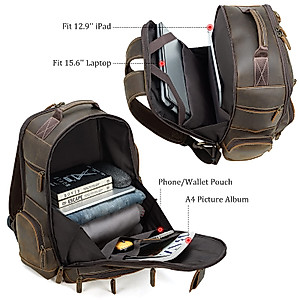 Compalo Leather Backpack for Men, Full Grain Genuine Leather 15.6 Inch Travel Backpack Laptop Bag for Work, Business, Camping, Hiking Backpack Rucksack Brown
