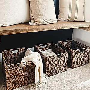 Artera Wicker Cube Storage Baskets - Set of 3, Woven Shelf Basket for Organizing, Natural Storage Bins with Handles for Pantry Living Room, Under Shelf Basket, 13" x 11" x 9" (Dark Brown)