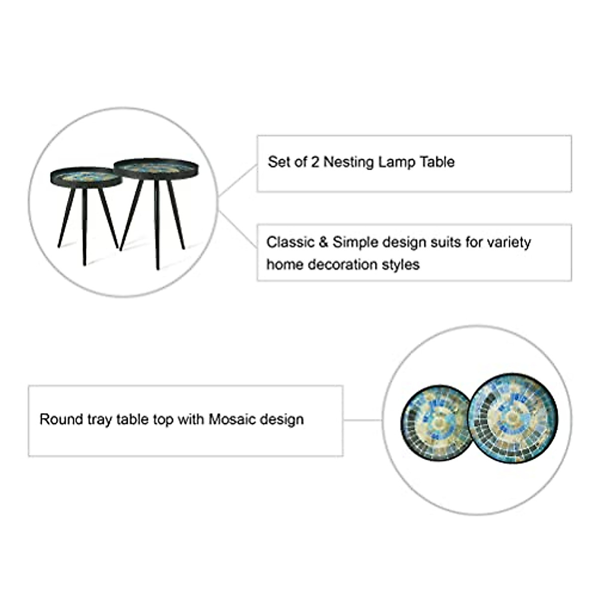 Glitzhome S/2 Modern Nesting End Table Set - Round Sofa Side Tables Living Room Accent Table Nesting Lamp Table with Mosaic Pattern Tray Top