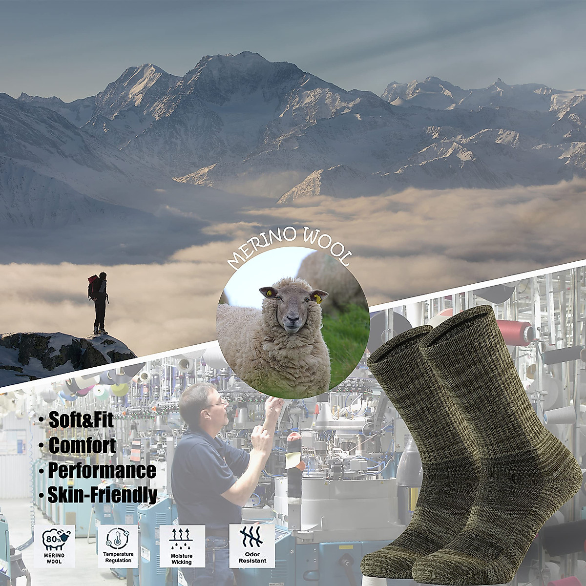 Ortis Men's Merino Wool Cushion Crew Socks with Moisture Wicking Control Light Weight Breathable for Outdoor Hiking Cycling(Green L)