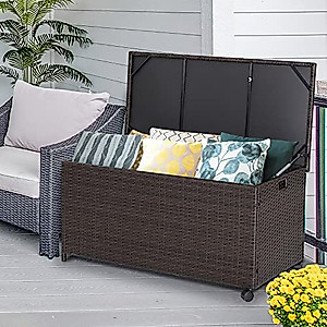 Tangkula 50 Gallon Wicker Deck Storage Box, Patio Rattan Storage Container with 2 Universal Wheels, Safety Pneumatic Rod, Zippered Liner, Sturdy Steel Frame, Ideal for Backyard, Poolside (Mix Brown)