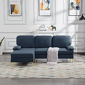 POCIYIHOME 79.5" Left Hand Facing Sectional Sofa Couch with 2 Detachable Armrest Pillows, Modern Fabric 3-Seater L Shape Chaise with Metal Legs for Living Room,Apartment,Office, Polyester, Navy Blue