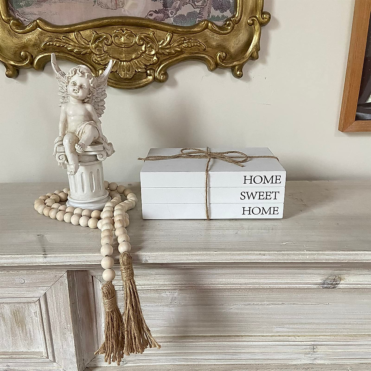 Decorative Books for Home Decor, White Faux Books for Decoration, Rustic Farmhouse Stacked Display Books with 52in Wood Bead Garland for Coffee Tables Living Room, (HOME SWEET HOME)