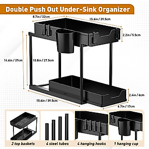 Ulruo 2 Pack Double Pull Out Under Sink Organizers, 2 Tier Multi Purpose Under Cabinet Organizer with Hooks & Hanging Cups, Under Sink Shelf Organizer for Kitchen Bathroom, Black