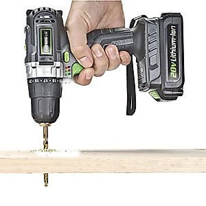 Genesis GLCD2038A 20V Lithium-ion Battery-Powered Cordless Variable Speed Drill Driver with 3/8" Chuck, Built-In LED Work Light, 20V Battery, Charger and Double-Ended Screwdriver Bit, Grey/Black/Green