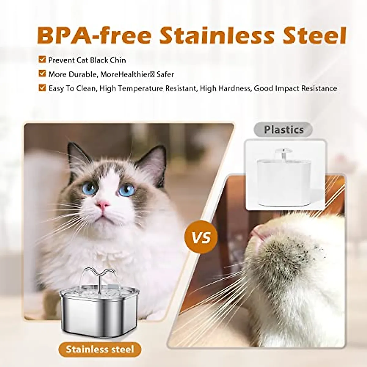 DOOOB Cat Water Fountain,3.2L/108OZ Square Stainless Steel Pet Water Dispenser Metal Dog Drinking Fountains Water Bowl with 3 Replacement Filters Ultra-Quiet Pump and Waterproof Food Mats