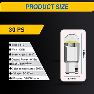 Crynod 30 PCS Car 194 LED Bulb, 6000K Super Bright 168 2825 W5W T10 Wedge-shaped LED, License Plate Light Map Light, Universal for Most Cars Lighting Parts (White)
