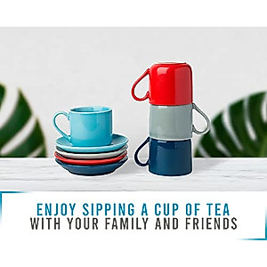 4oz. Espresso Cups Set of 4 With Matching Saucers - Premium Porcelain, 8 Piece Gift Box Demitasse Set - Red, Blue & Grey – Italian Caffè Mugs, Turkish Coffee Cup – Lungo Shots, Dopio Double Shot