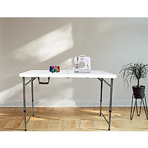 Go-Trio Folding Tables 4 Foot Small, Foldable Table Adjustable Height Desk, Card Table Indoor Outdoor, Portable Plastic Picnic Party Dining Camping Bar Low Tables, Fold in Half Heavy Duty, White