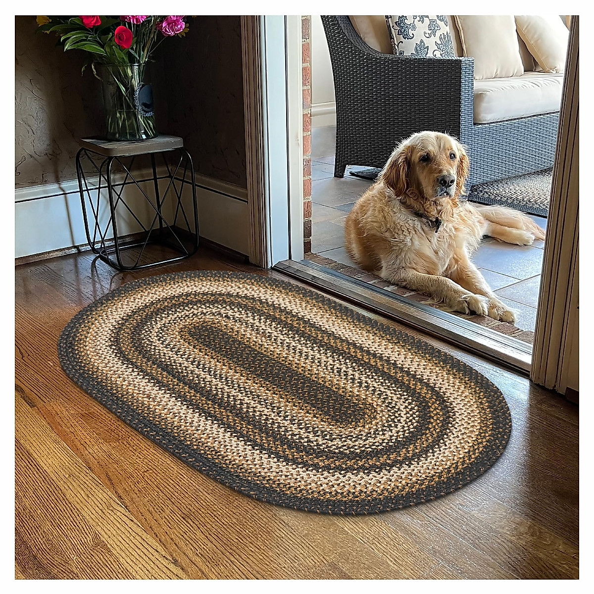 Homespice 20x30” Black Oval Braided Rug. Kilimanjaro Black Jute Oval Rug. Uses- Entryway Rugs, Kitchen Rugs, Bathroom Rugs. Reversible, Rustic, Country, Primitive, Farmhouse Decor Rug