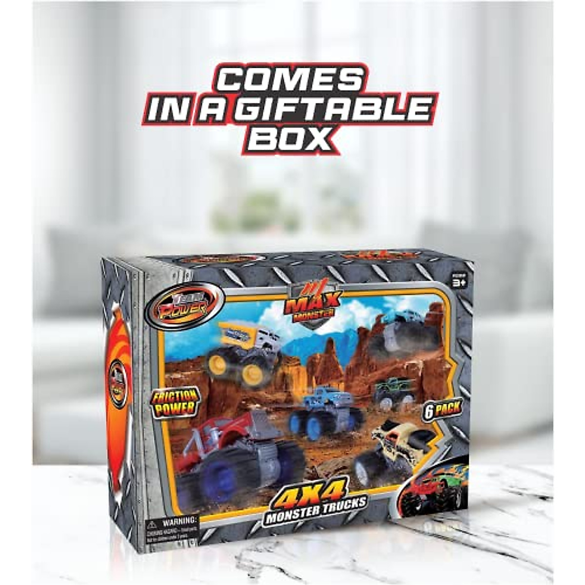Team Power Monster Trucks Toys for Boys and Girls, 4-Wheel Drive Friction Powered 6-Pack Push and Go Toy Cars with Giant Wheels, 360° Crazy Stunts, Age 3, 4-7 and Above [Amazon Exclusive] (6 Pack)