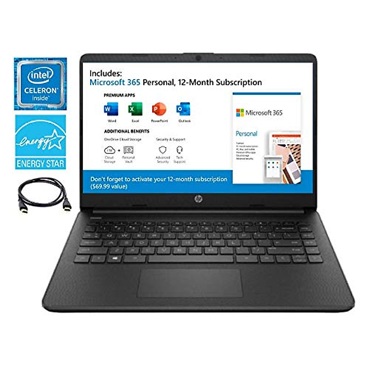 HP 14" Laptop Intel Celeron N4020 4GB 64GB, Intel UHD Graphics 600, Windows 10 Home in S Mode, GS HDMI Cable (Black)
