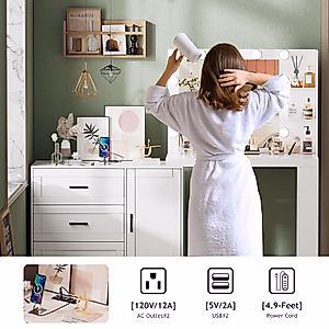 PAKASEPT Vanity Desk with Mirror and Lights, Makeup Vanities with Charging Station, White Vanity with 3 Color Lighting, Drawers, Hidden and Open Shelves, Girls Dressing Table for Bedroom