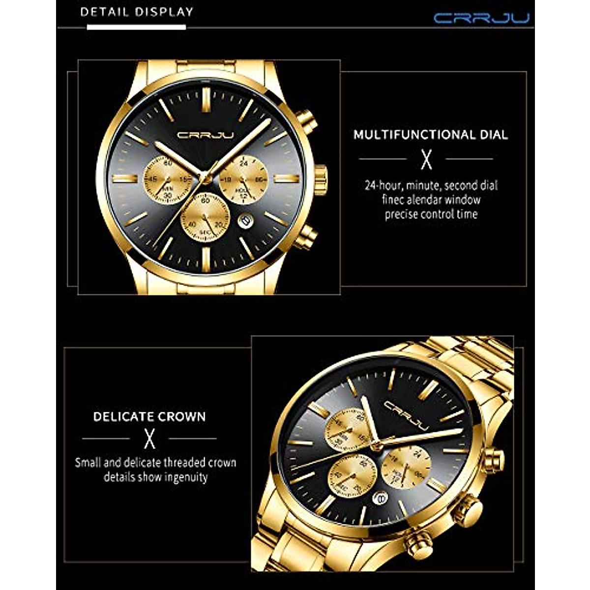CRRJU Men's Fashin Luxury Golden Chronograph Quartz Wristwatches,Stainsteel Steel Band Multifunctional Waterproof Watch (Golden Black)