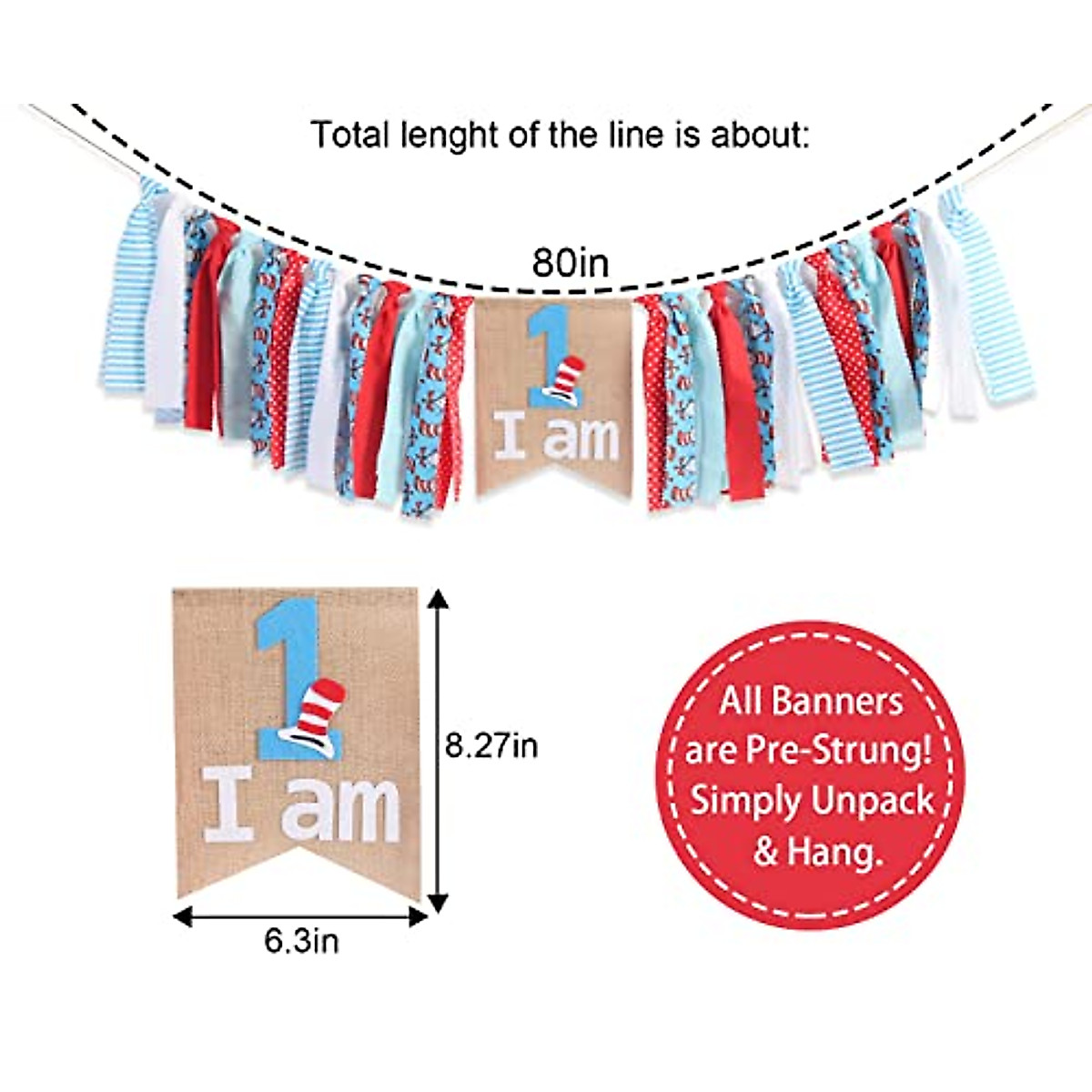 Dr. Seuss Inspired Birthday Banner - High Chair Banner Photo Props, 1st Birthday High Chair Banner, I Am 1, Turquoise Blue Red Dot Cat in Hat Dr Seuss Inspired Chevron Ribbon Lace Themed Party Decor High Feet Chair, Dr. Seuss Cat in Hat, Garland/banner Ph