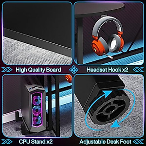 LITTLE TREE LED Gaming Desk with Monitor Shelf, Carbon Fiber Surface Gaming Table Gamer Workstation for Home Office, Black