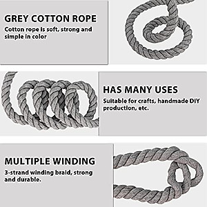 Gray Cotton Rope (3/4in x 50 ft) Strong Twisted Rope for DIY Crafts Gardening Hammock Home Decorating