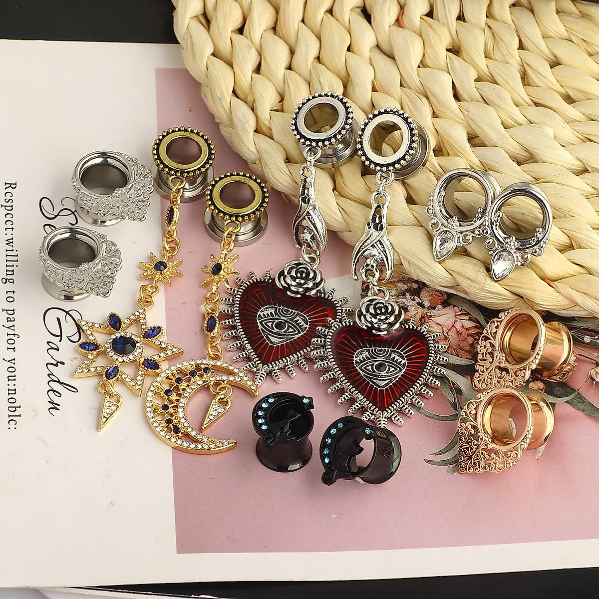 TIANCI FBYJS 6 Pairs Fashion Dangle Gauges for Ears Double Flared Ear Tunnels Plugs Body Piercing Stretchers Earrings 2g 00g Women Men 6mm