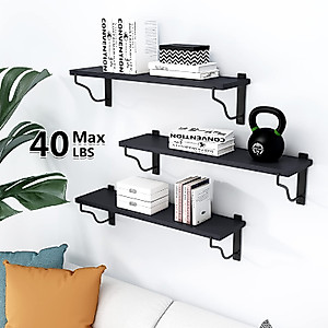 Inforth Wall Shelves, Wood Wall Mounted Shelves for Wall Storage, Floating Shelves for Wall Display with Metal Bracket, Hanging Shelves for Bedroom Kitchen Living Room (Black, 17 Inches)