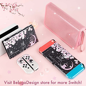 BelugaDesign Sakura Cat Glitter Case | Moon Heart Pink Cherry Blossom Japanese Anime Shell | Compatible with Nintendo Switch OLED | Dockable Crystal Protective Cover (Switch OLED, Clear Pink)