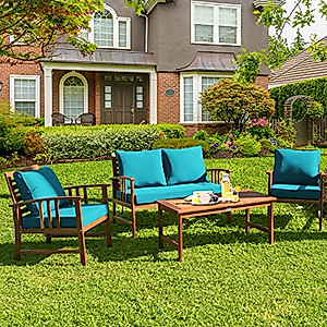 Tangkula 8 PCS Acacia Wood Patio Furniture Set, Outdoor Seating Chat Set w/Gray Cushions Back Pillow, Outdoor Conversation Set w/Coffee Table for Garden, Backyard, Poolside