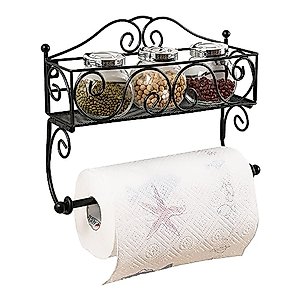 Adhesive Paper Towel Holder with Shelf, Paper Towel Holder Wall Mount, 12in Black Paper Towel Holder for Kitchen, Hand Towel Holder for Bathroom with Shelf