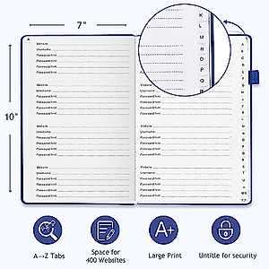 JUBTIC Password Book with Individual Alphabetical Tabs, 7"x10" Internet Password Keeper Book for Seniors, Password Notebook and Organizer/Notes Section, Navy Blue