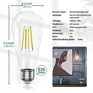 Jensense LED Bulb Edison Light Bulbs Dimmable Daylight 5000K E26 4W 40 Watt Equivalent Clear Glass for Pendant Light, Chandelier, Floor Lamp Replace, 4 Pack