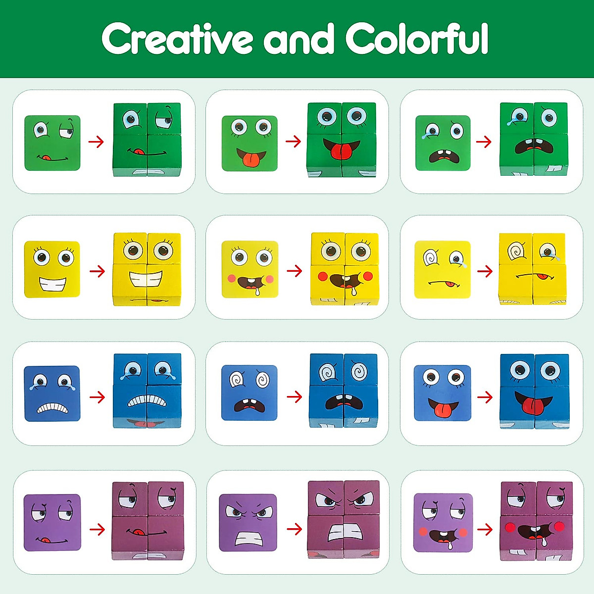 RAEQKS Wooden Expressions Building Block Brain Teasers Puzzle Magic Face Changing Cube Educational Montessori Toys Family Board Games Matching Puzzles Set for Toddlers Kids Aged 3 4 5 6 Years and Up