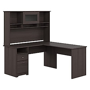 Bush Furniture Cabot 60W Single Pedestal L Desk with Hutch, Heather Gray