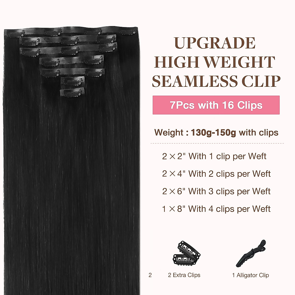 GOO GOO Clip in Hair Extensions Real Human Hair, Remy Human Hair Extensions Clip ins for Women, Natural Human Hair, 20inch 150g 7Pcs, 1B Natural black