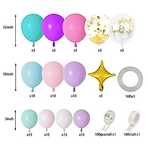 RUBFAC Mermaid Balloons Garland Kit, Mermaid Balloons Pastel Pink Purple Blue Gold Confetti Party Balloons for Birthday Party Bridal Baby Shower Decorations