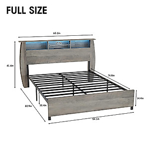 Fameill Full Size Wood Bed Frame with Bookcase Headboard, 2-Tier Storage Headboard with Charging Station & LED Light, Side Storage Layer, No Box Spring Needed, Noise Free, Gray