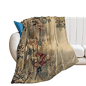 Aubusson Antique French Tapestry Print Flannel Fleece Throw Blankets 50"X40" Lightweight Fluffy Winter Fall Blanket Cozy Soft Fuzzy Plush Home Decor for Couch Bed Sofa Bedroom Living Room Travel