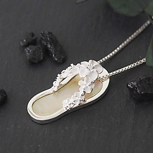 Sterling Silver Mother Of Pearl Slipper Flip Flop Pendant Necklace, 16+2" Extender