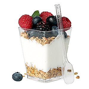 Ilyapa 5 oz Small Plastic Dessert Cups with Spoons - 40 Dessert Shooters for Chocolate Desserts, Appetizers, Dessert Samplers, Dessert Shot Glasses & More