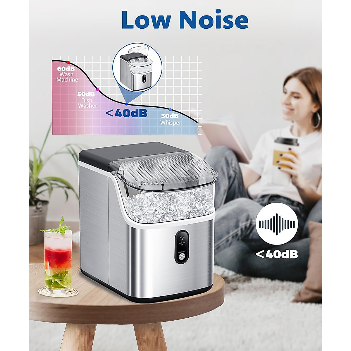 Joy Pebble Nugget Ice Maker Countertop, 10,000pcs/33lbs/Day, Portable Nugget Ice Maker Machine with Handle, Self-Cleaning, Handheld Ice Maker, Stainless Steel