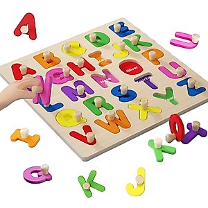 Alphabet Puzzle Wooden Puzzles with Board Knob for Toddlers 1 2 3 4 5 Year Old ABC Puzzle Shape Alphabet Learning Puzzles Toy, Great Preschool Gifts for Girls and Boys