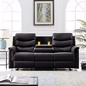 Faux Leather Upholstered Manual Motion Reclining 3 Seaters Sofa Couch with 2 Cup Holders and Two Recliner Chaise ,PU Wall Hugger Sofa & Couch for Home Theater Apartment RV Living Room Furniture Sets