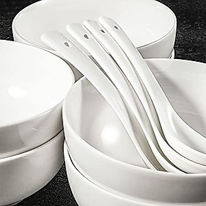 Artena Asian Soup Bowls with Spoons Set of 4, 26 oz Pasta, Ramen, Pho Bowls and Soup Spoons Set, Advanced Porcelain Elegant White Cereal Bowls for Kitchen, Dishwasher Microwave Oven Safe Bowls