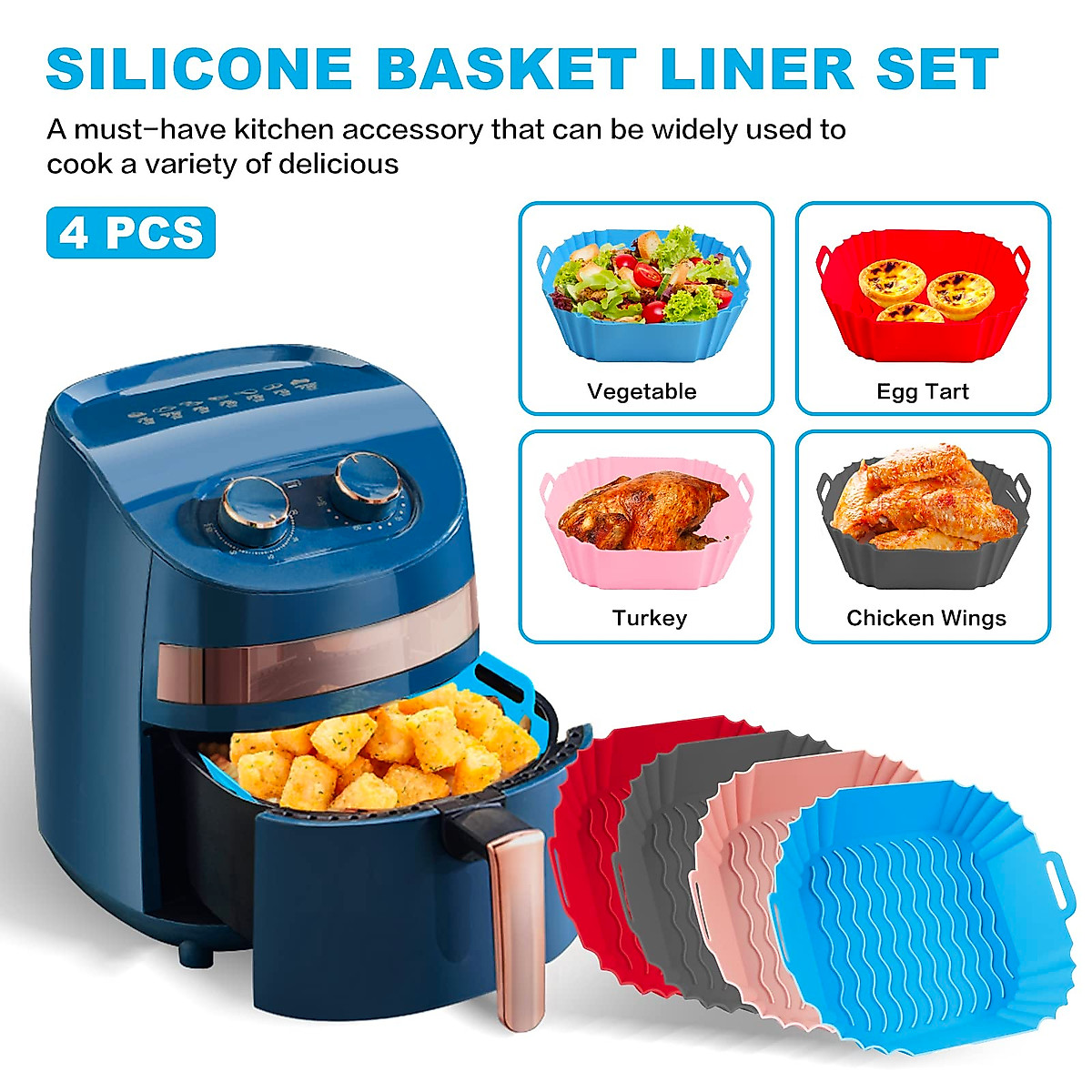 4 Pack Silicone Air Fryer Liners, Reusable Air Fryer Basket Bowl for 4 to 7 QT, Replacement of Flammable Parchment Paper, 8in Square Baking Tray Pots, Easy to Clean for Oven Accessories(4 Colors)