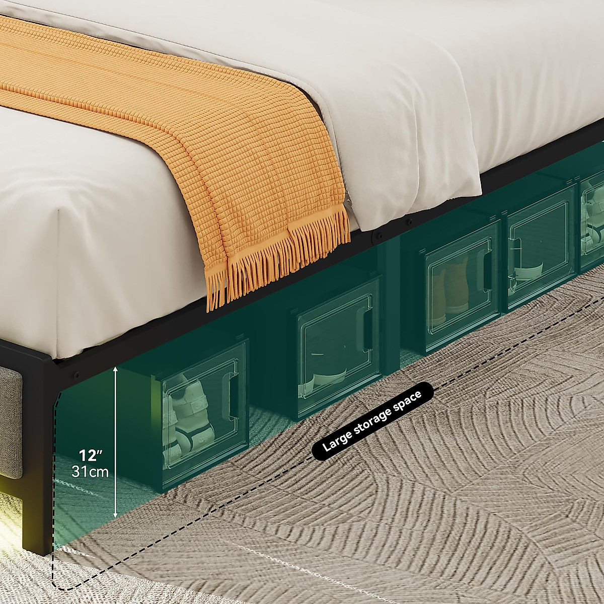 YITAHOME Queen Size Bed Frame, LED Bed Frame with Shelf Storage & Upholstered Headboard, Heavy Duty Metal Slats Platform Bed Frame with Charging Station, No Box Spring Needed, Gray