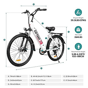 Gotrax Endura 26" Electric Bike with 28 Miles (Pedal-assist1) by 36V Battery, 15.5Mph Power by 250W, 3 Pedal-Assist Levels & Adjustable Seat, 7-Speed & Front Shock Absorber for Adult Bicycle White