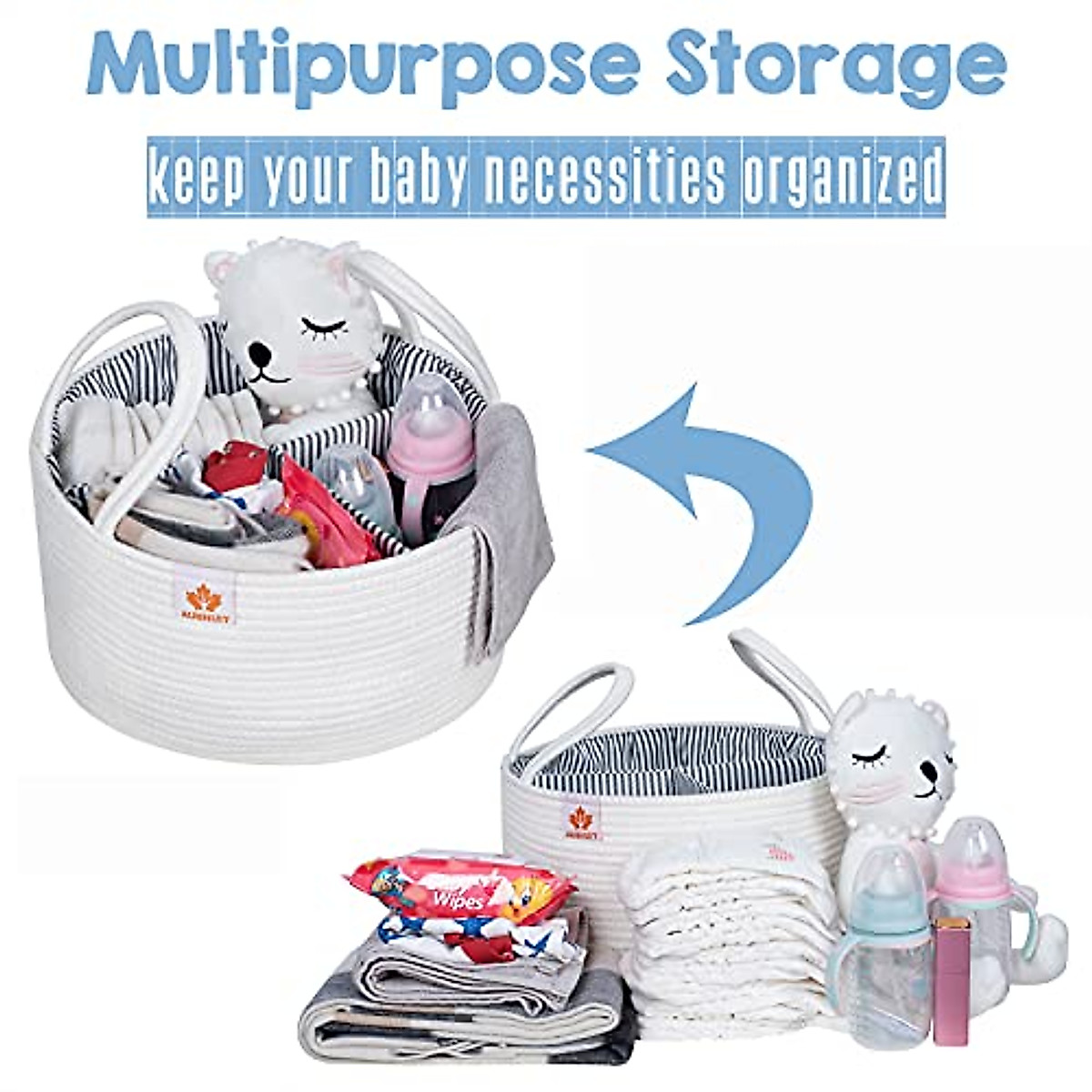 Large Baby Diaper Caddy Organizer 15"X7.4" Round Hanging Nursery Storage Bin Portable Changing Table/Car Travel Tote Bag Removable Inserts Newborn Registry Boy Girl Shower Rope Basket