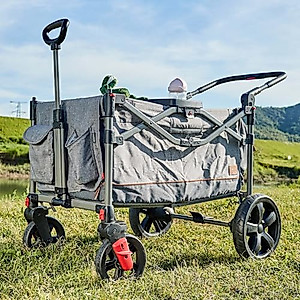 Busy Bee Foldable Wagon Stroller for 2 Kids, Push Pull Collapsible Kids Wagon with Adjustable Handle Bar, Removable Canopy, 5-Point Harness, Shock-Absorbing Wheels, Grey
