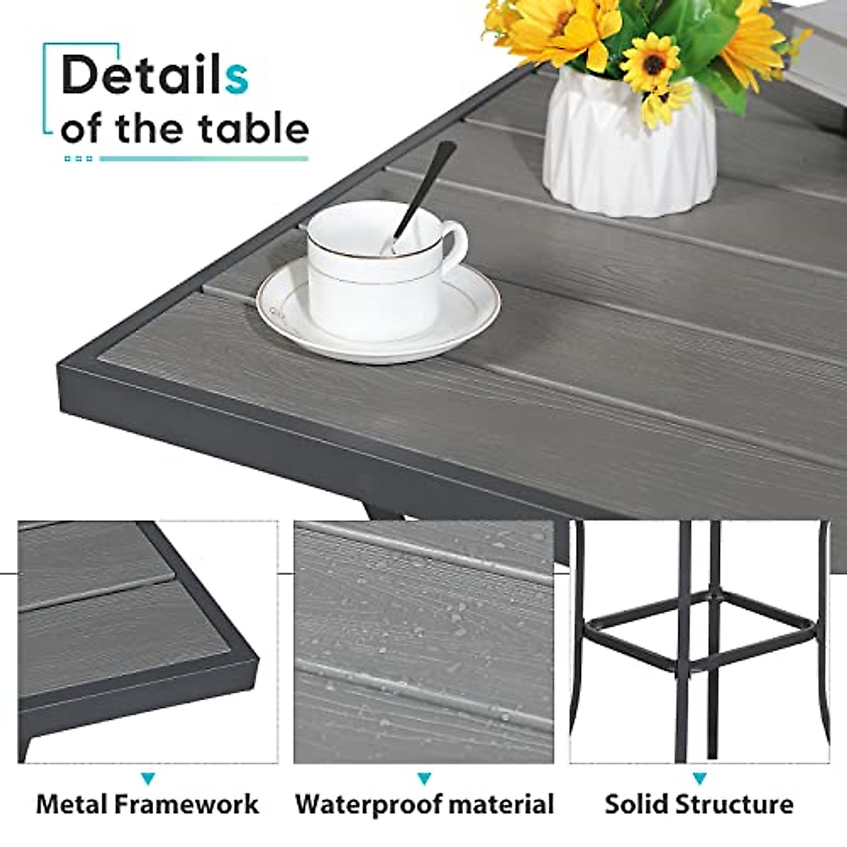 Verano Garden 3 Pieces Patio Bar Set, All Weather Outdoor Bistro Set, High Top Patio Table with Wooden Look Top and Chairs with Soft Cushion for Patio, Backyard, Porch, Garden or Poolside