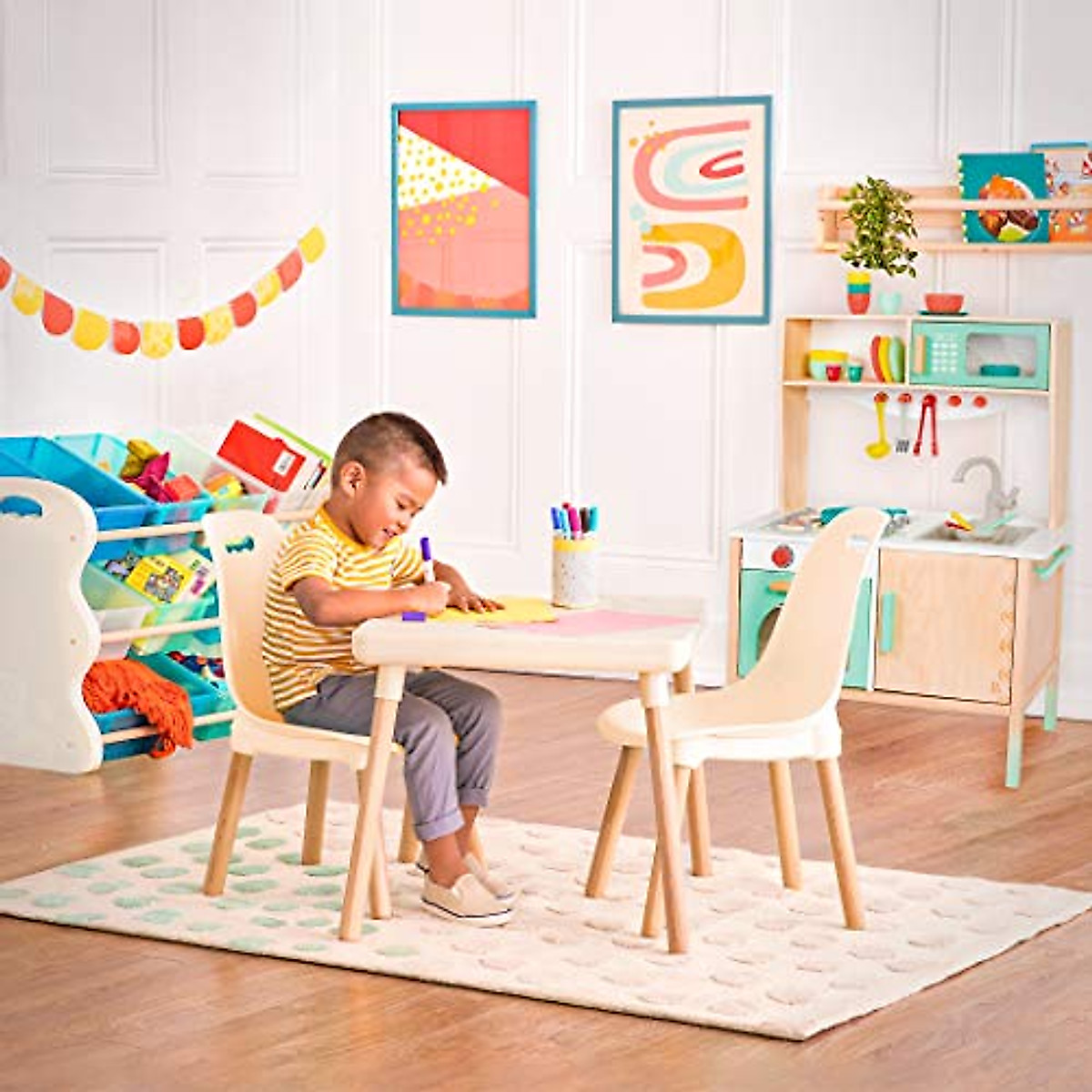 B. BX1865C1Z Spaces Set – 1 Craft Table & 2 Chairs – Natural Wooden Legs – Furniture for Kids – Ivory – 3 Years