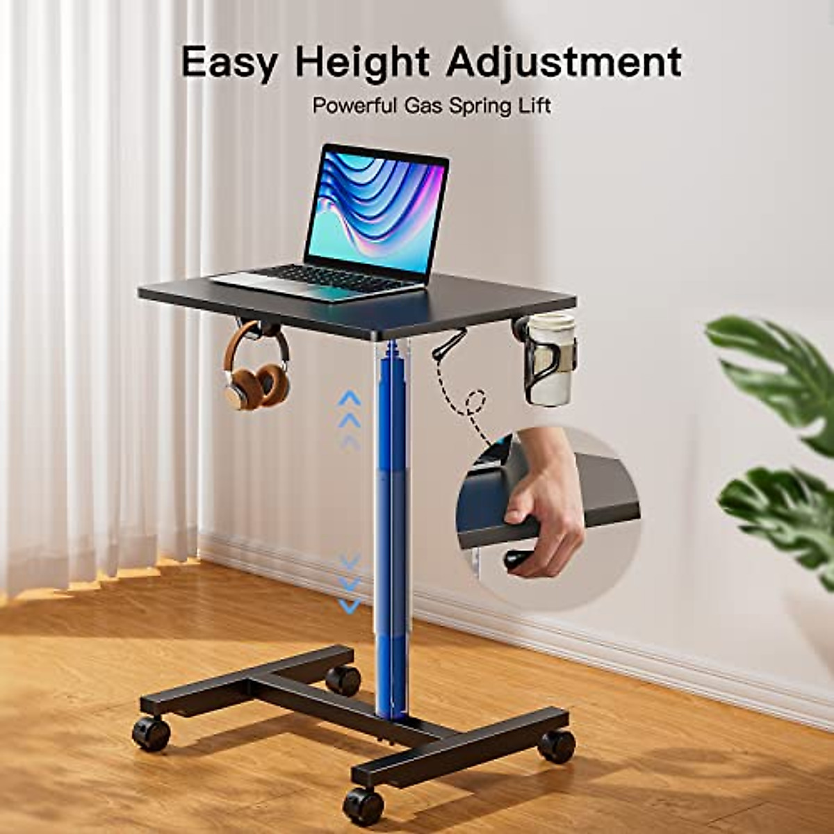 ErGear Laptop Mobile Standing Desk, Height Adjustable Laptop Desk with Wheels, Pneumatic Mobile Desk with Hook and Cup Holder, Rolling Desk for Home Office Workstation for Standing or Sitting, Black