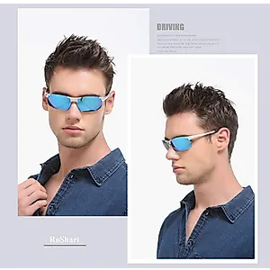 RoShari Mens Sports Polarized Sunglasses UV Protection Fashion Sunglasses for Men Fishing Driving Aluminum Magnesium Frame Ultra Light (Black-Blue)